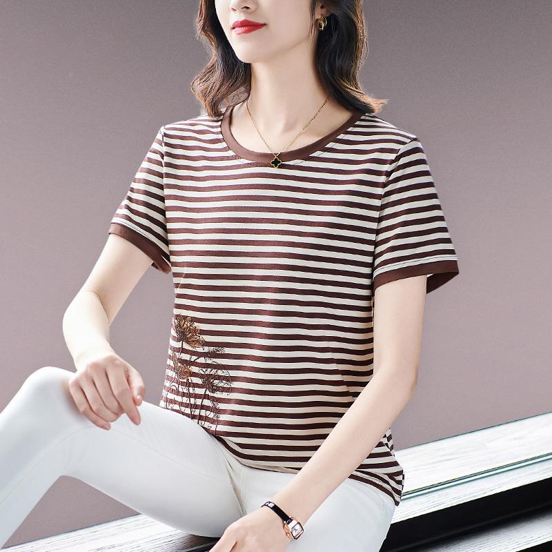 经典条纹短动袖恤运女上夏季新款宽松纯棉衣中年90500797衫夏装