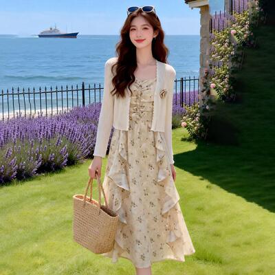 带季新款女装温柔风穿搭开衫夏BL2608-0碎花吊连衣两裙件套裙