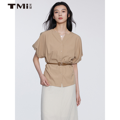 天谜气质V领泡泡袖收腰小衫