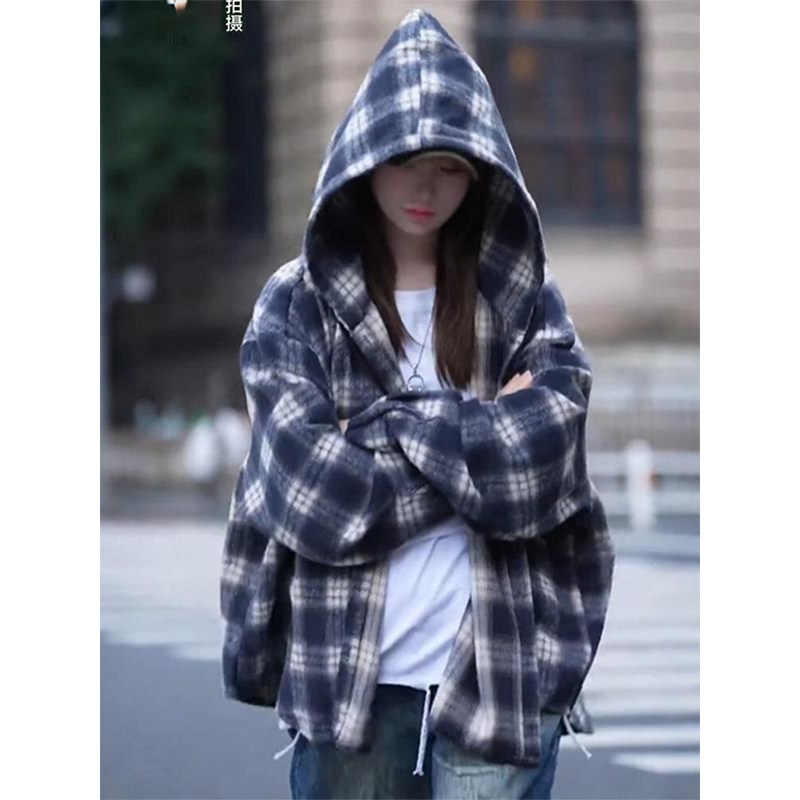 港风撞色格子连帽衬衫男女春秋季新款宽松慵懒风上衣情侣休闲外套