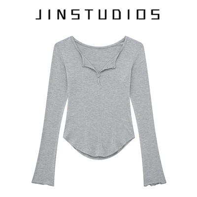 美式辣妹风修身纯欲小V领长袖T恤