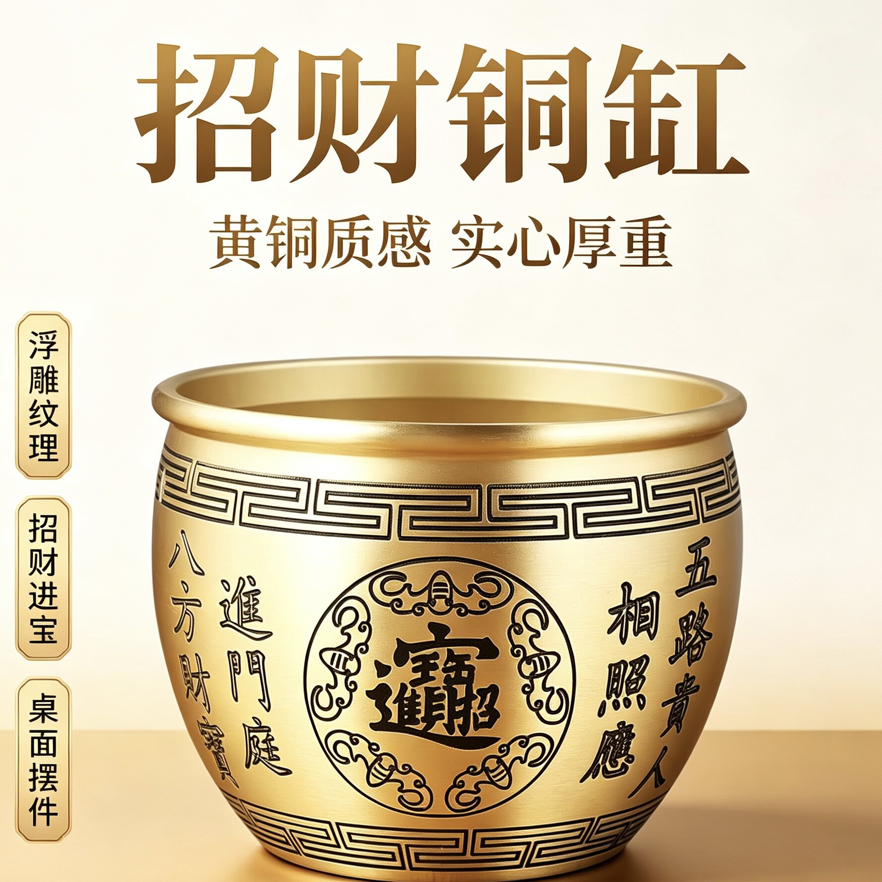 招财进宝黄铜百福米缸摆件中式桌面聚宝盆玄关乔迁送礼铜制工艺品