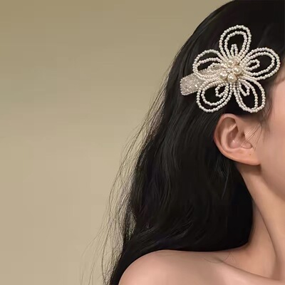 精致手工珍珠花朵抓夹女后脑勺盘发鲨鱼夹半扎发发夹头饰发饰发抓
