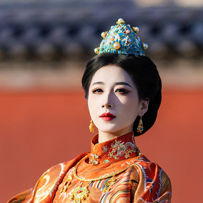 【霜翎阁】绣片狄髻明制头面套装簪子汉服配饰品发冠仿烧蓝日常轻