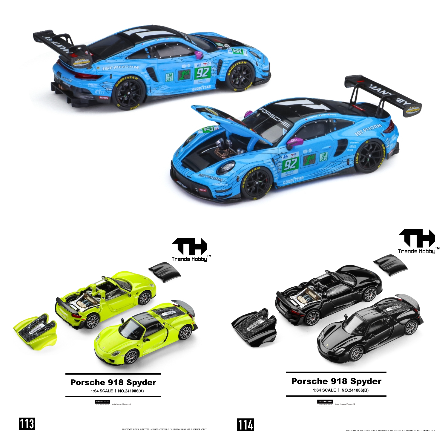 TrendsHobby保时捷911GT3R2025赛事车保时捷918跑车1:64合金车模