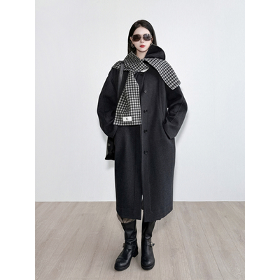 NancyCavally格纹披肩双面呢大衣