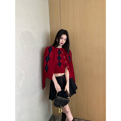 NancyCavally撞色菱格针织套装