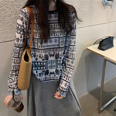 one seven复古印花长袖防晒T恤女2026夏宽松显瘦百搭圆领薄款上衣