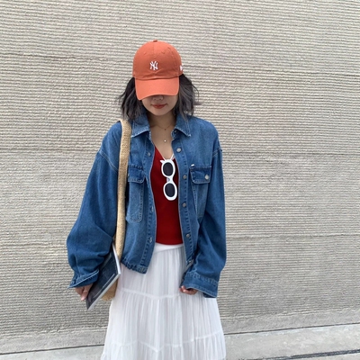 one seven复古下摆抽绳牛仔外套女2026春季宽松休闲百搭夹克上衣