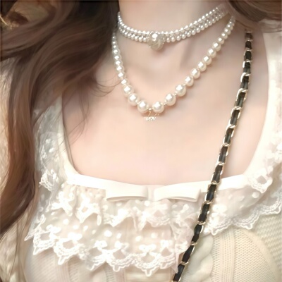 野草莓市场Lazydidi小香风双层珍珠串珠水钻项链珍珠包包choker