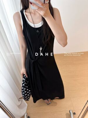 新款韩系时尚休闲宽松慵懒风显瘦假两件圆领无袖绑绳背心连衣裙