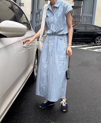 夏季简约韩系新款翻领下摆抽绳工装上衣加开叉松紧腰长裙两件套装