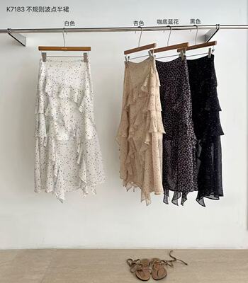 新款韩系不规则星星花色度假感半身裙女中长款显瘦雪纺天丝长裙
