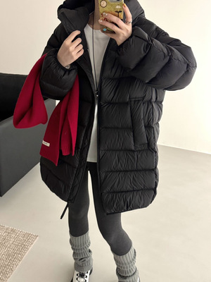 2025冬花苞帽羽绒服90白鸭绒廓形经典中长款排骨羽绒服外套潮9947