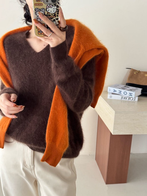 绵羊毛拉绒毛衣女2025秋冬新款宽松慵懒风剪刀领套头毛衣高级0139