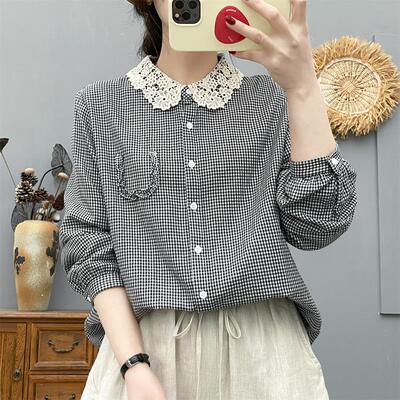 文艺蕾丝拼接格子棉麻娃娃衫