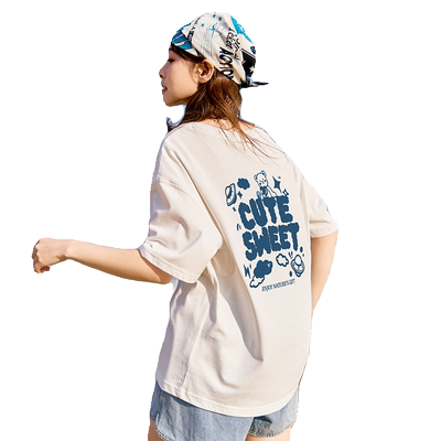 唐狮新款夏季短袖t恤女后背卡通插画减龄纯棉内搭宽松上衣sz