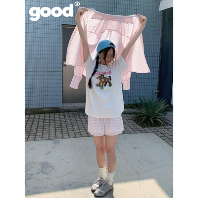 美好商店MeihaoStore「学院甜妹」粉格纹/星星满印衬衫短裤套装