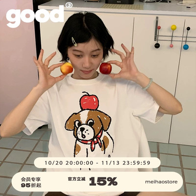 美好商店MeihaoStore苹果小狗apple dog印花全棉基础短袖T恤