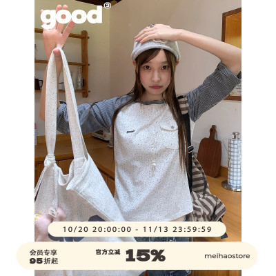 美好商店MeihaoStore「街角的旧书店」碎花拼接条纹插肩五分袖T恤