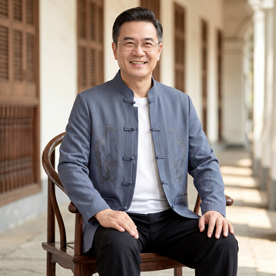 中国风唐装男中老年人龙刺绣爷爷春秋长袖外套爸爸新中式休闲套装