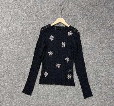 12.22原货秋款圆领长袖镂空透视手工钻宽松蕾丝针织衫女