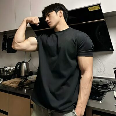夏季男健身运动收袖口正肩显大索罗娜重磅弹力透气小领口短袖T恤