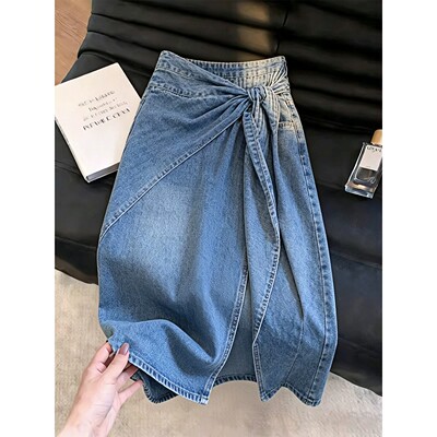 韩版蓝色休闲设计感纽结牛仔裙女夏季流行时尚气质百搭半身裙长裙