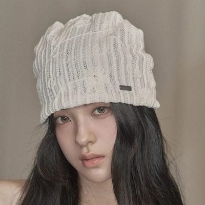 现货KHAKIPOINT 25夏设计感复古千禧风花朵冷帽针织帽韩国代购