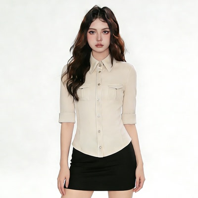 美式工装双口袋拼接排扣短袖衬衫