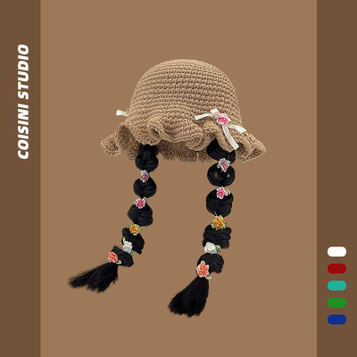 新款帽子假发一体花辫针织盆帽