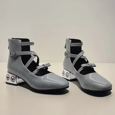 金色银色漆皮水钻宝石粗跟高帮玛丽珍蝴蝶结单鞋小码模特走秀比赛