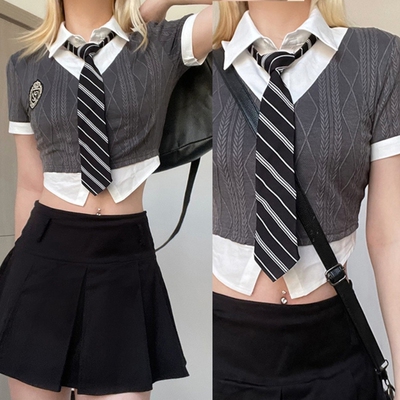 Fake two neckties with exposed navel top女假两件领带露脐上衣