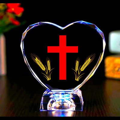 水晶爱心形水晶红色十字架摆件