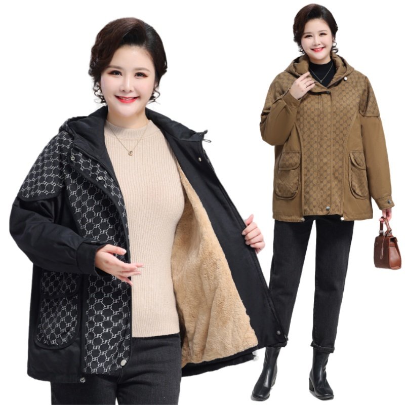胖妈妈秋冬季加绒厚外套中年女装棉袄休闲棉服200斤棉衣加肥大码