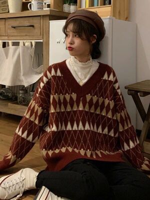 Sweaters Women Vintage Argyle Korean All-match Chic V-Neck L
