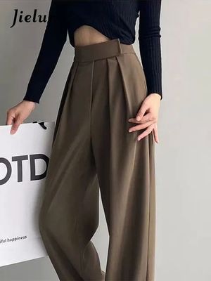 Jielur Brown Wide Leg Women Classic Suit Pants Vintage Palaz