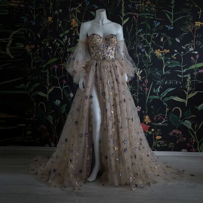 Booma Fairy Champagne Starry Tulle Prom Dresses Sweetheart P