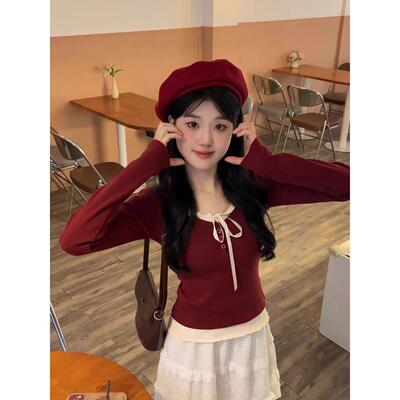 卓泽网批22舒肤绒带胸垫芭蕾风假两件打底衫木耳边绝美上