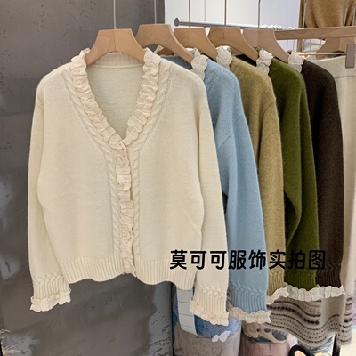 法式V领蕾丝显瘦针织开衫女