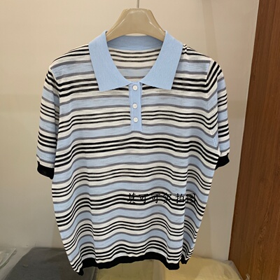 春夏条纹POLO领短袖显瘦针织衫女