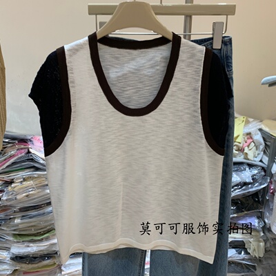 夏季撞色U领飞袖假两件针织衫女