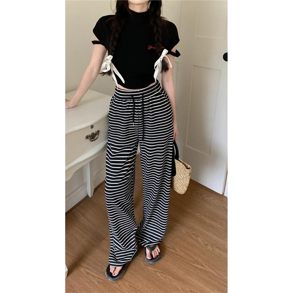 黑白条纹垂感休闲裤女春季直筒长裤慵懒风松紧腰宽松阔腿遛弯裤子