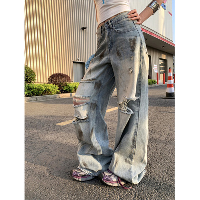 ！小众破洞牛仔裤美式复古做旧水洗直筒裤拖地裤辣妹长裤