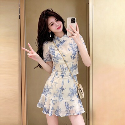 巨好看的新中式国风套装裙女夏季减龄一整套穿搭印花鱼尾裙两件套