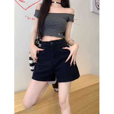 设计感黑色弹力直筒牛仔短裤女冬季高腰阔腿百搭显瘦辣妹a字热裤