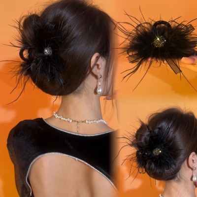 设计感丝带羽毛抓夹百搭气质发饰盘发夹子头饰爆款黑色浪漫鲨鱼夹