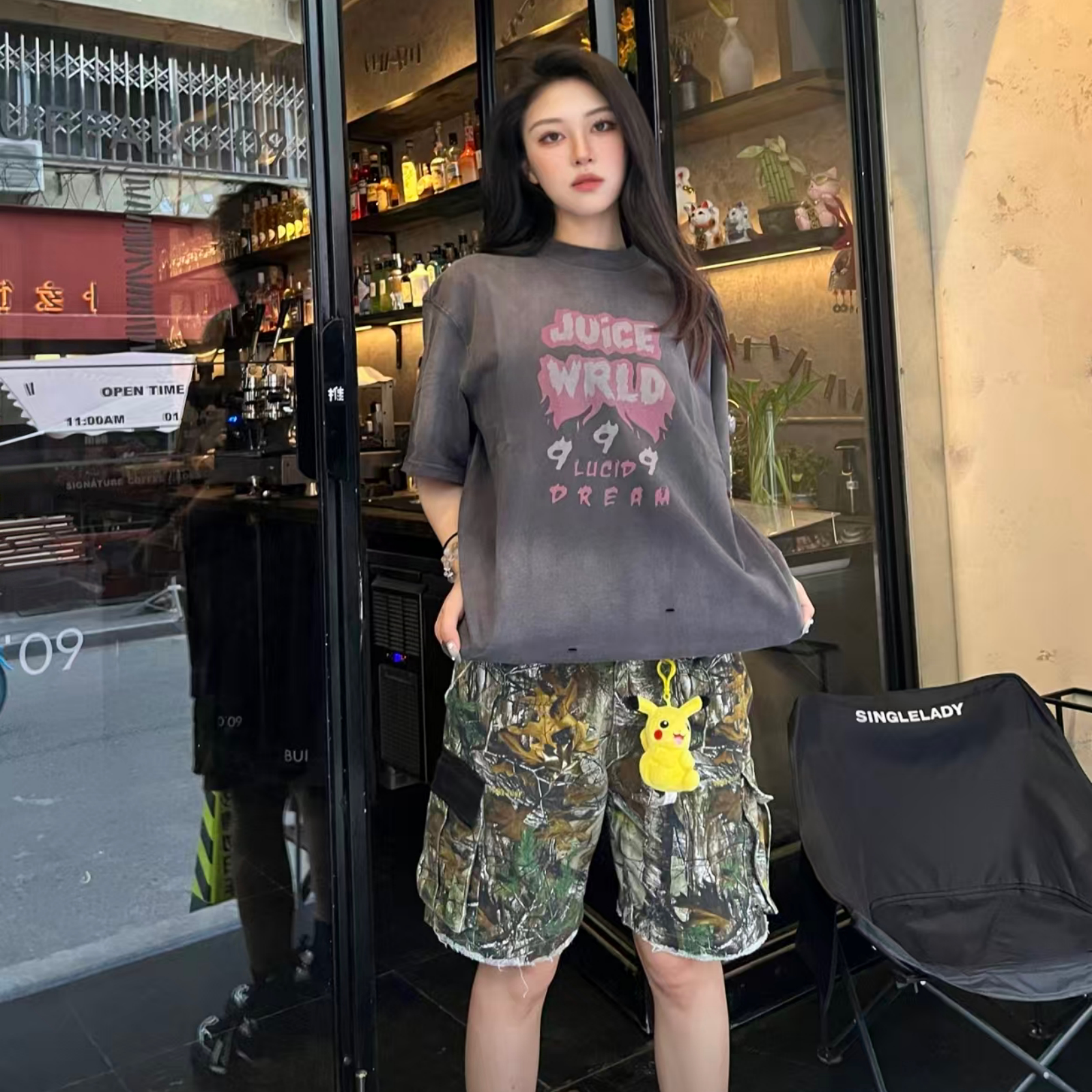 Juice Wrld 复古火焰满背铭文洗水做旧短袖T恤 街头风宽松型