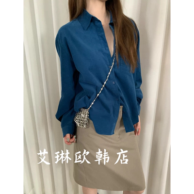 卡蔓诗浅之夏QZX12010早秋新款韩系复古翻领灯芯绒长袖衬衫女