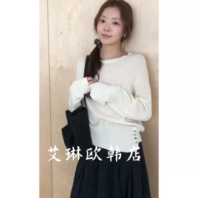 miluroom sicily米鹿59127秋款韩系圆领侧扣不规则显瘦针织衫女